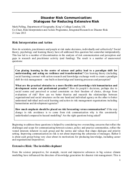 Disaster Risk Communication: Dialogues for Reducing Extensive Risk | ALNAP