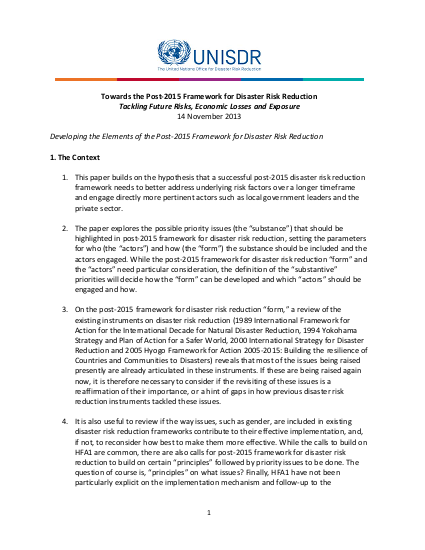 Towards The Post 2015 Framework For Disaster Risk Reduction Tackling Future Risks Economic