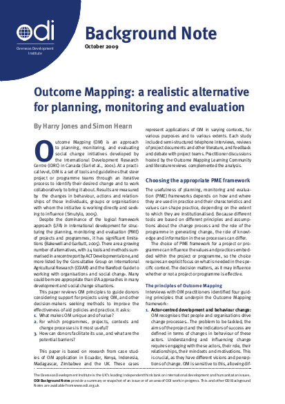 Outcome mapping: a realistic alternative for planning, monitoring and ...