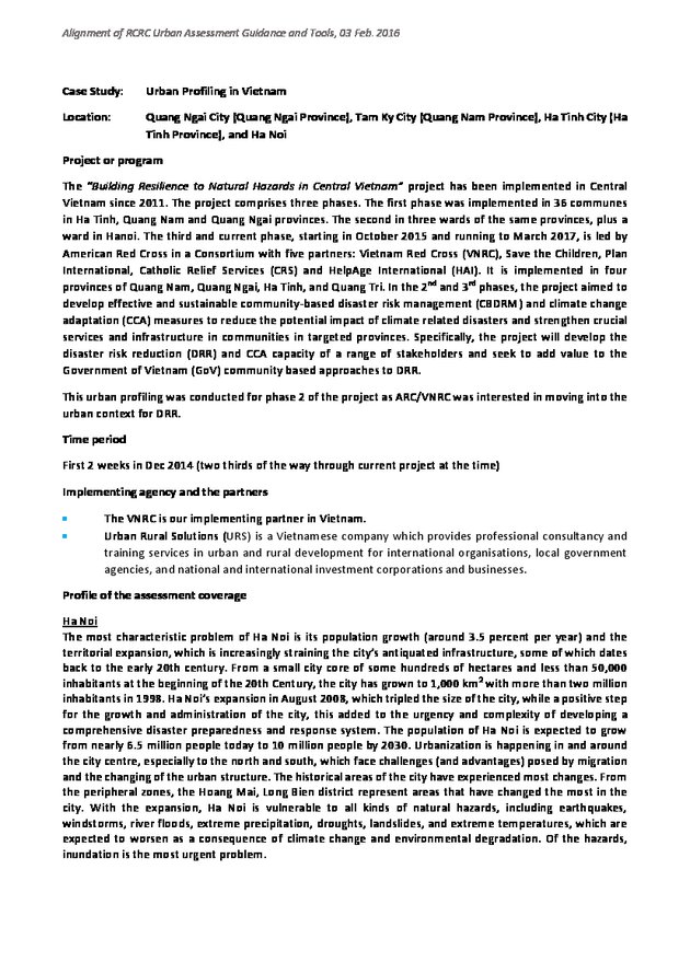 Urban profiling in Vietnam. Alignment of RCRC urban assessment guidance ...
