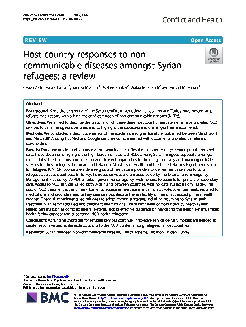 Host Country Responses to Non-communicable Diseases Amongst Syrian ...