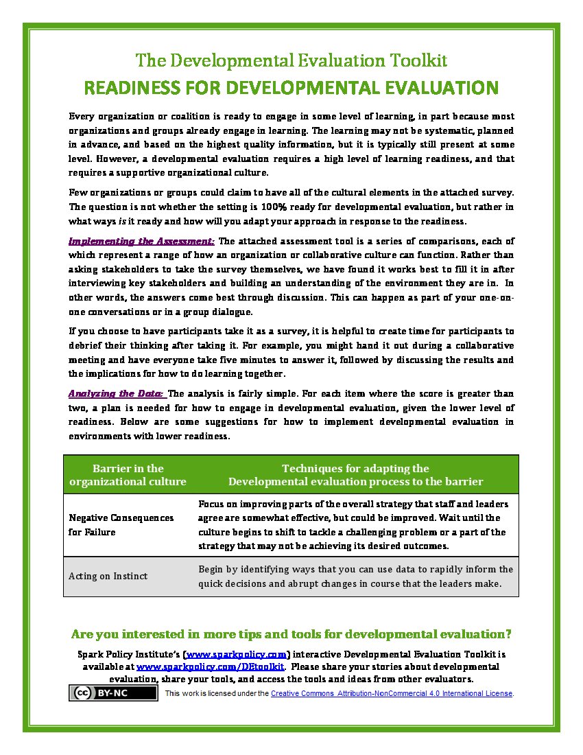 The developmental evaluation toolkit: Readiness assessment protocol | ALNAP