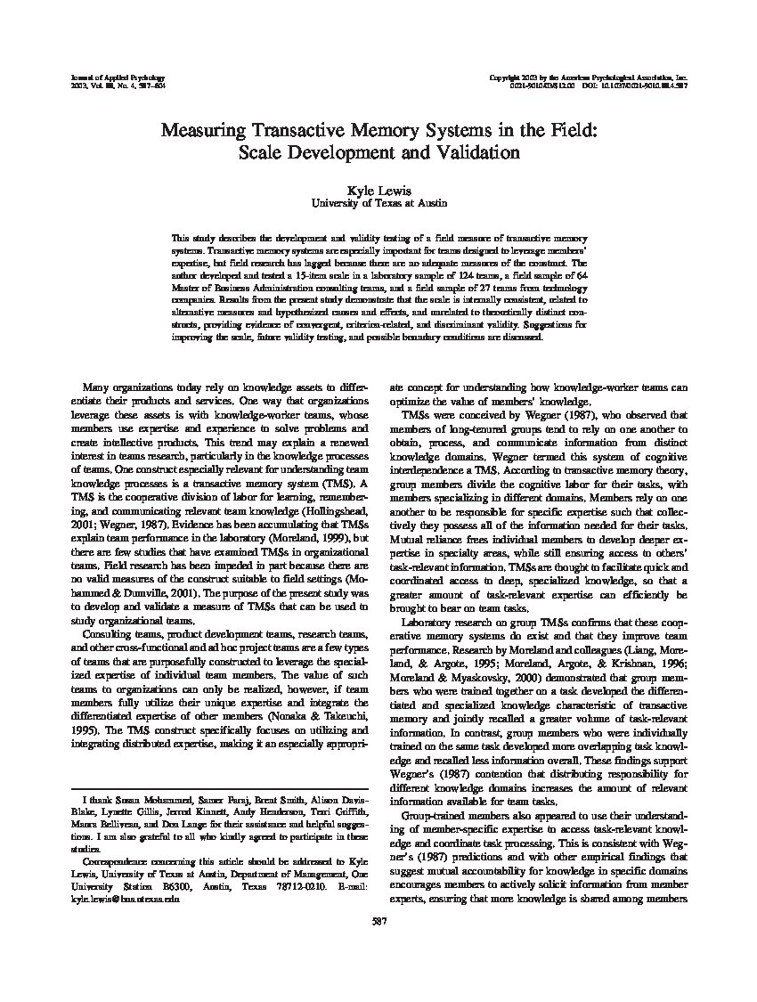 Measuring Transactive Memory Systems In The Field Scale Development And Validation Alnap