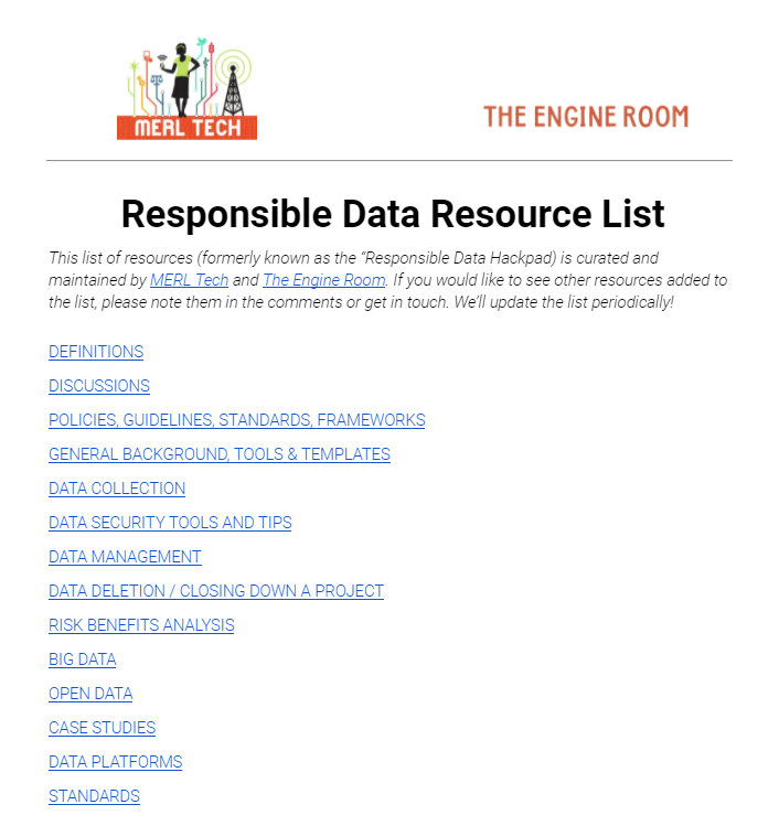 Responsible Data Resource List | ALNAP