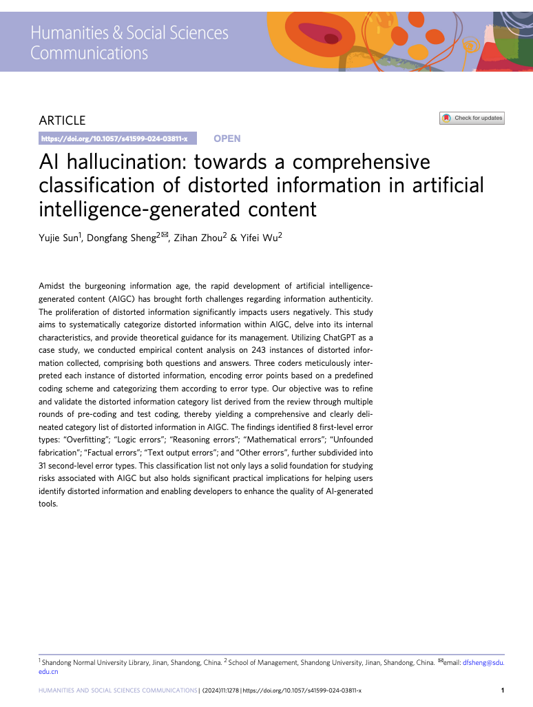 Artificial intelligence (AI) hallucination: towards a comprehensive ...
