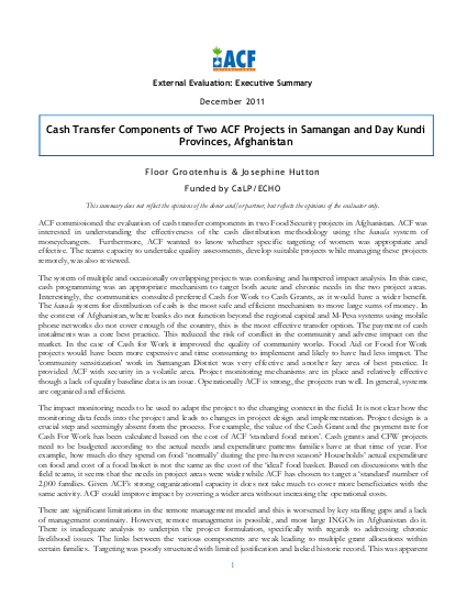 Final Indepedent Evaluation of the Cash Transfer Components of Two ACF ...