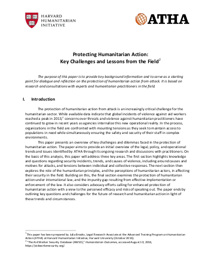 Protecting Humanitarian Action: Key Challenges and Lessons from the ...