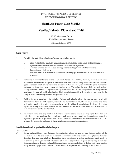 Synthesis Paper Case Studies: Manila, Nairobi, Eldoret and Haiti | ALNAP
