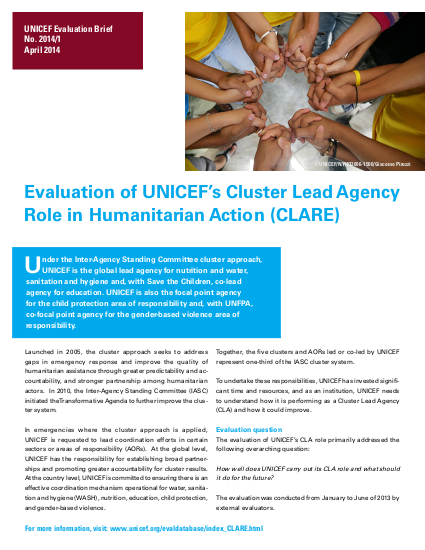 Evaluation of UNICEF’s Cluster Lead Agency Role in Humanitarian Action (CLARE) | ALNAP