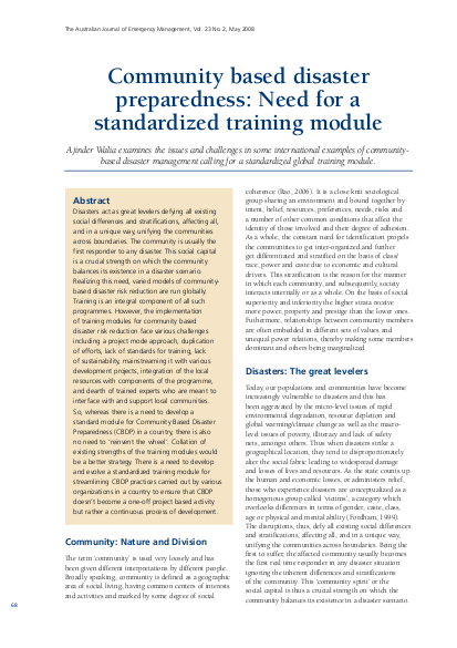 Community based disaster preparedness: Need for a standardized training ...
