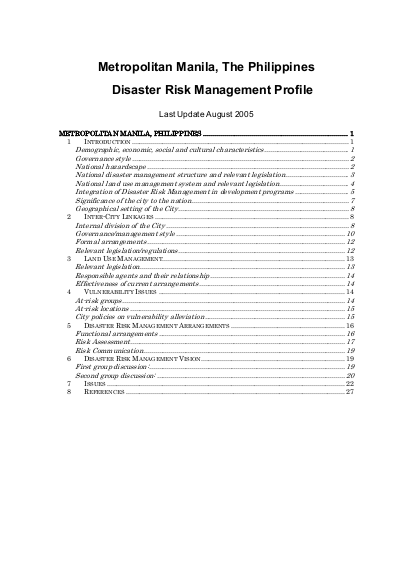 Metropolitan Manila, The Philippines: Disaster Risk Management Profile ...