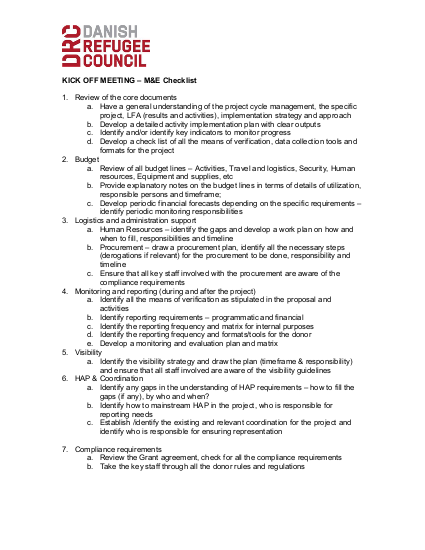 Grant Kick Off Meeting - M&E Checklist | ALNAP