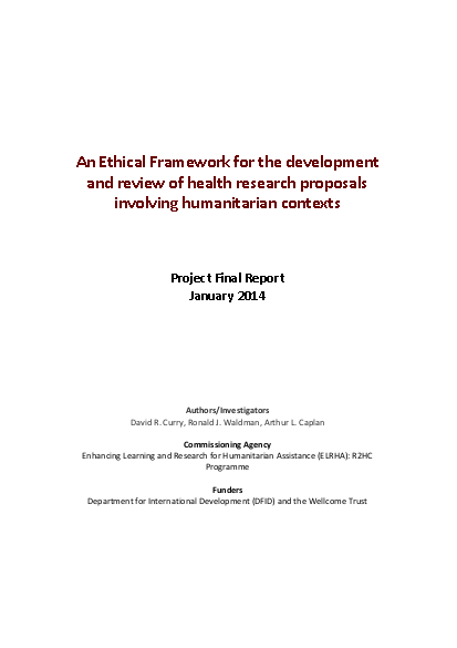An Ethical Framework for the Development and Review of Health Research Proposals Involving ...