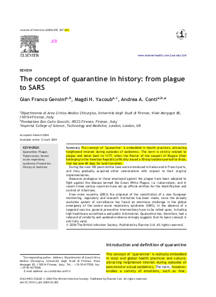 The Concept of Quarantine in History: From Plague to SARS | ALNAP