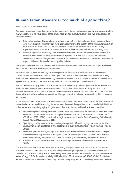 Humanitarian Standards: Too much of a good thing? | ALNAP
