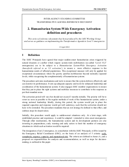Humanitarian system-wide emergency activation: definition and ...
