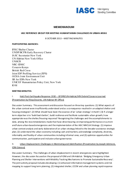 IASC Reference Group for Meeting Humanitarian Challenges in Urban Areas ...