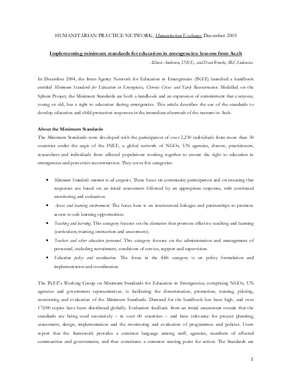 Implementing minimum standards for education in emergencies: lessons ...