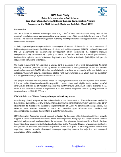 IOM Case Study: Doing Information for a Cash Scheme. Case Study of ...