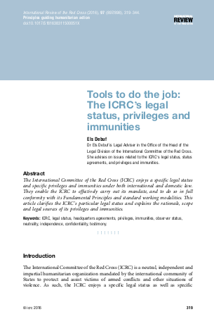 Tools to Do the Job: The ICRC’s Legal Status, Privileges and Immunities ...