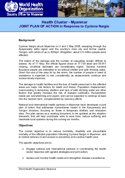 Health Cluster - Myanmar Joint Plan of Action in Response to Cyclone Nargis | ALNAP
