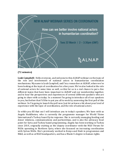 How can we better involve national actors in humanitarian coordination? | ALNAP