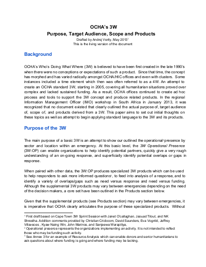 OCHA’s 3W Purpose, Target Audience, Scope and Products | ALNAP