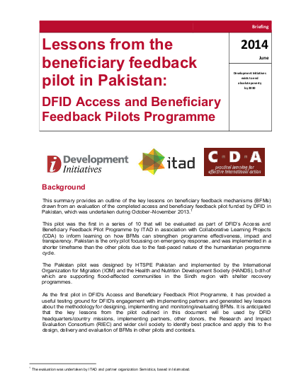 Lessons from the beneficiary feedback pilot in Pakistan; DFID Access and Beneficiary Feedback ...