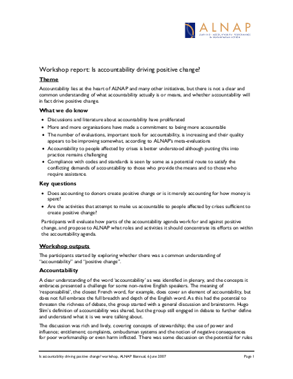 Workshop report: Is accountability driving positive change? | ALNAP