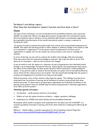 Facilitator's workshop report: How does the humanitarian 'system ...