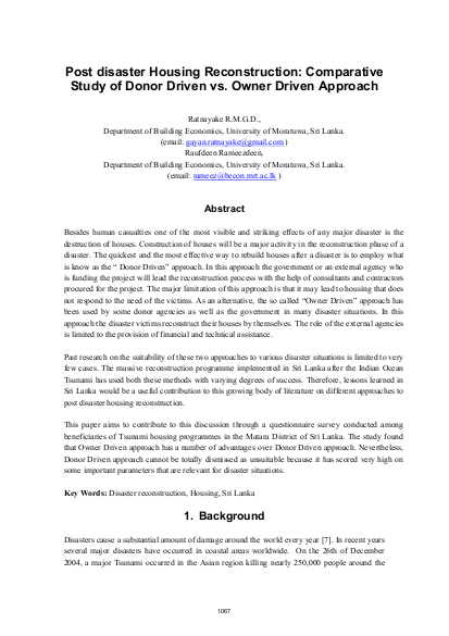 Post Disaster Housing Reconstruction: Comparative Study of Donor Driven vs. Owner Driven ...