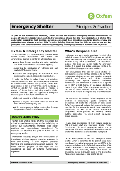 Emergency Shelter Principles and Practice | ALNAP
