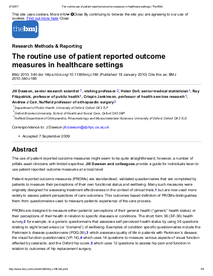 The routine use of patient reported outcome measures in healthcare ...