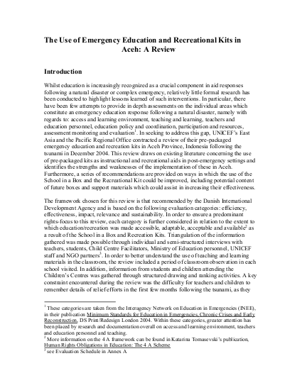 The Use of Emergency Education and Recreational Kits in Aceh: A Review | ALNAP