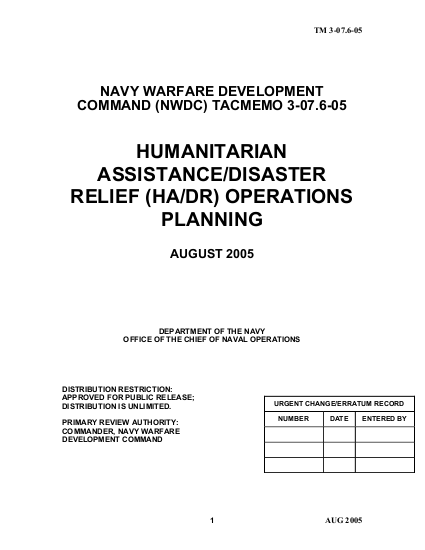 Humanitarian Assistance/Disaster Relief Operations Planning, Tactical ...