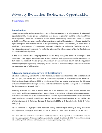 Advocacy Evaluation: Review and Opportunities | ALNAP