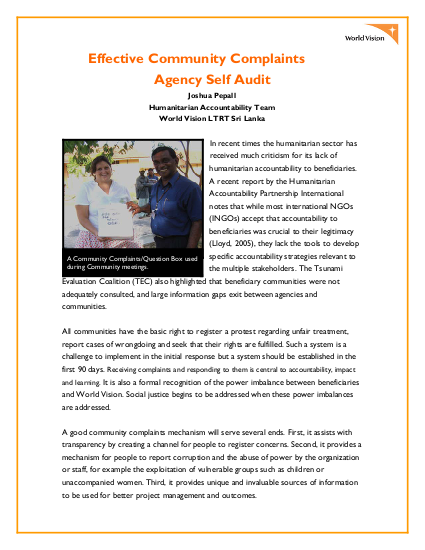 Effective Community Complaints - Agency Self Audit | ALNAP